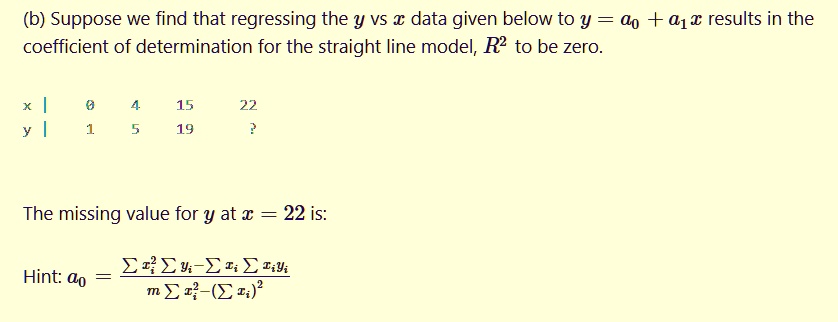 SOLVED: (b) Suppose we find that regressing the y vs â‚¬ data given ...