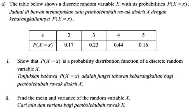 SOLVED: The table below shows discrete random variable X with its probabilities P(K=x) Jadual di ...