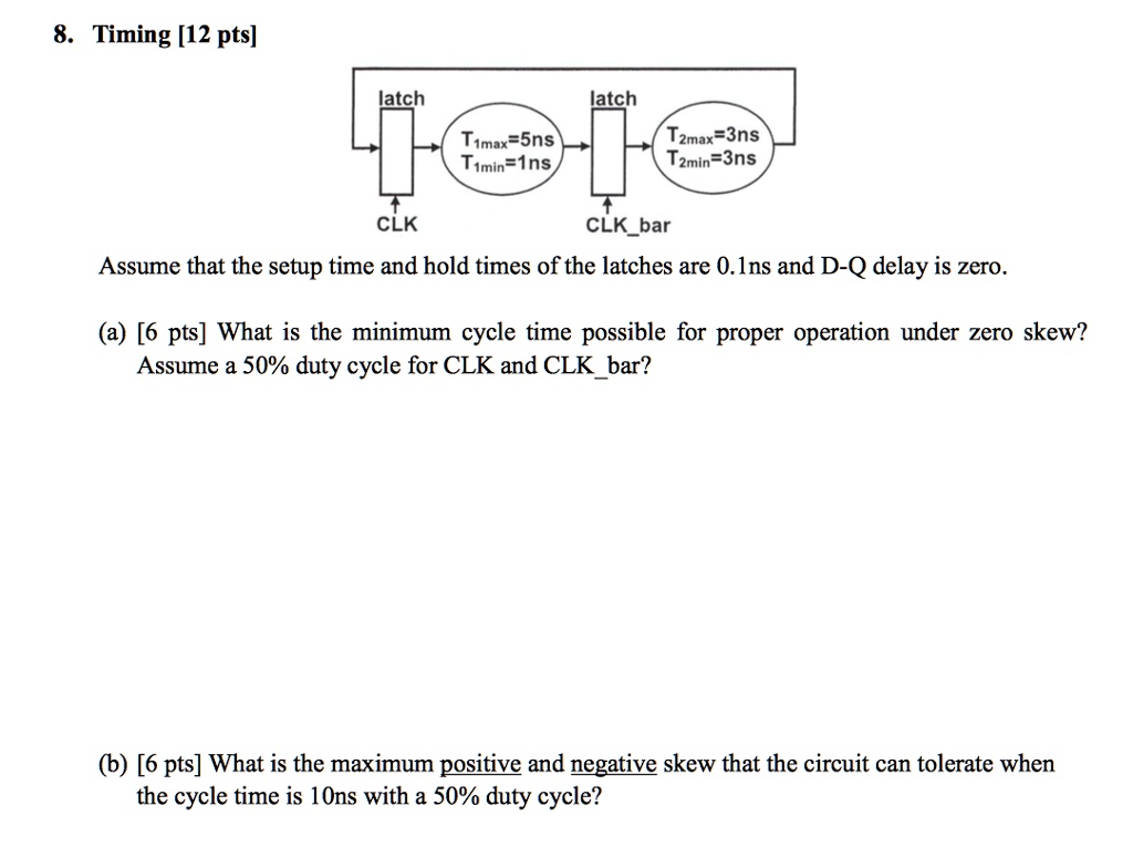 8. Timing [12 pts] latch T1max=5ns T1min=1ns CLK latch T2max=3ns T2min=3ns CLKbar Assume that ...