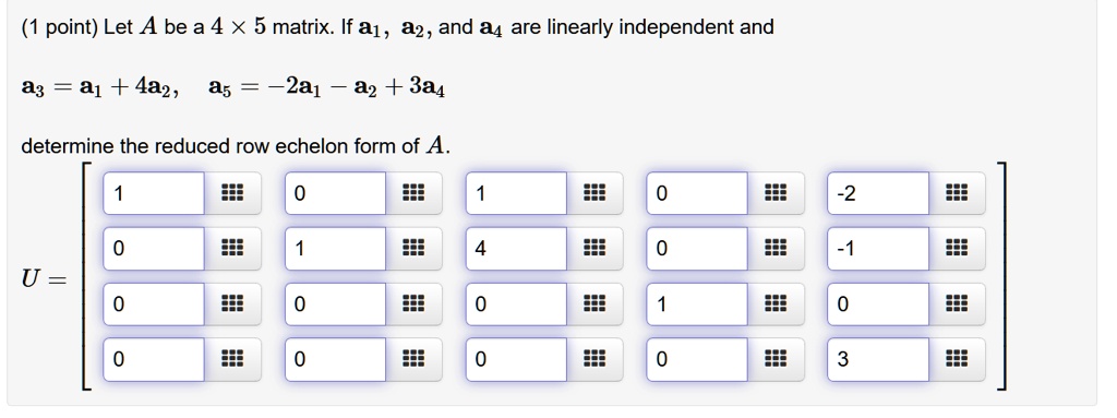 point let a be a 4 x 5 matrix if a1 a2 and a4 are linearly independent and a3 a1 4a2 a5 2a1 a2 ...