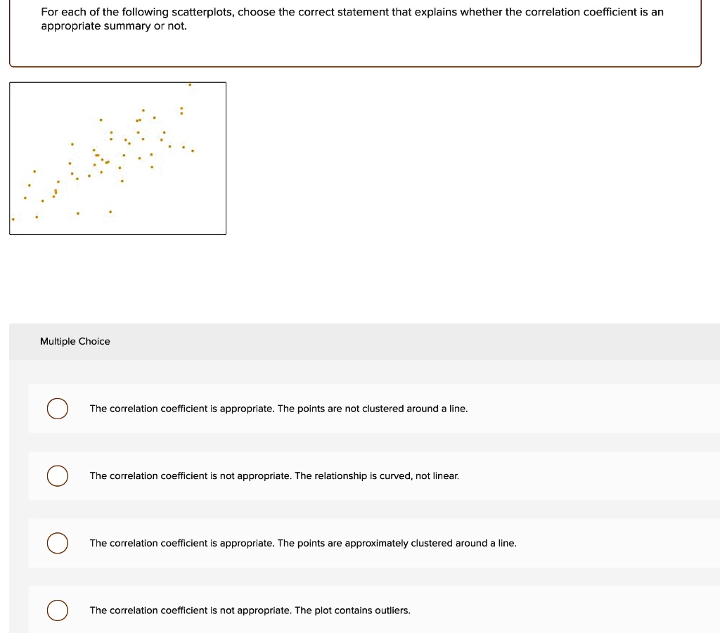 SOLVED: For each of the following scatterplots, choose the correct statement that explains ...