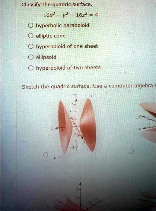 Classify the quadric surface. 16x^2 - y^2 + 16z^2 = 4 ∘ hyperbolic ...