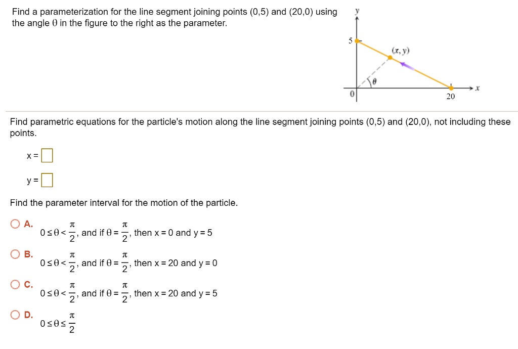 find a parameterization for the line segment joining points 05 and 200 using the angle 0 in the ...