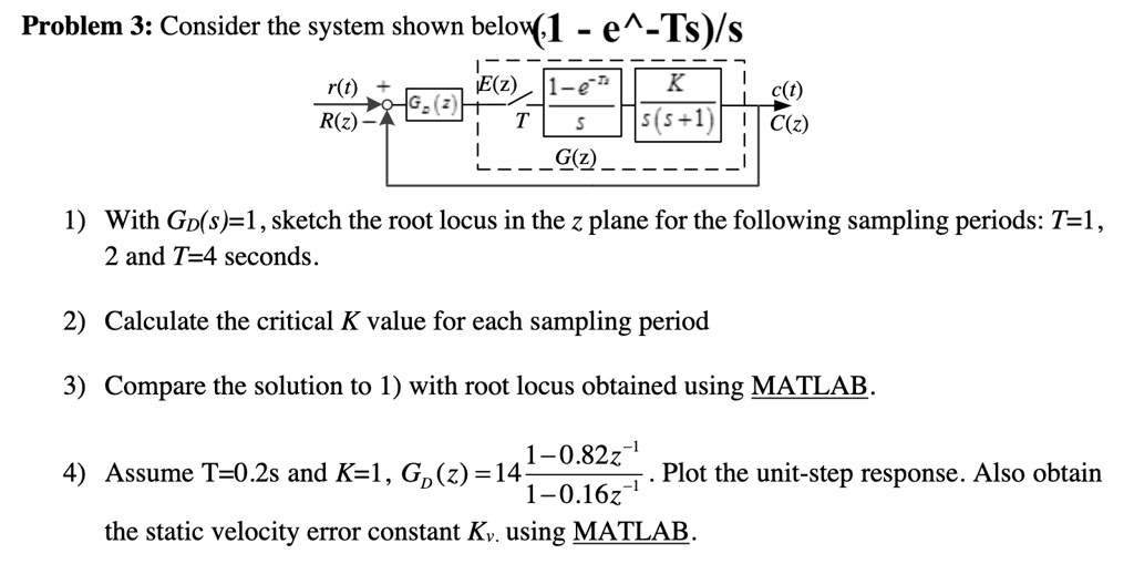 SOLVED: Problem 3: Consider the system shown below (1 - e^(-Ts))/s r(t) jE(z) -e^(-12) K G. R(z ...