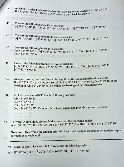 SOLVED: 45. Convert the following azimuths to bearings: 46. 47. Convert the following bearings ...
