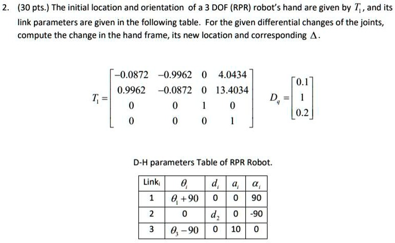 SOLVED: The initial location and orientation of a 3 DOF (RPR) robot's hand are given, and its ...