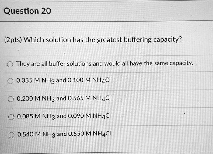 SOLVED: Question 20 (2pts) Which solution has the greatest buffering ...