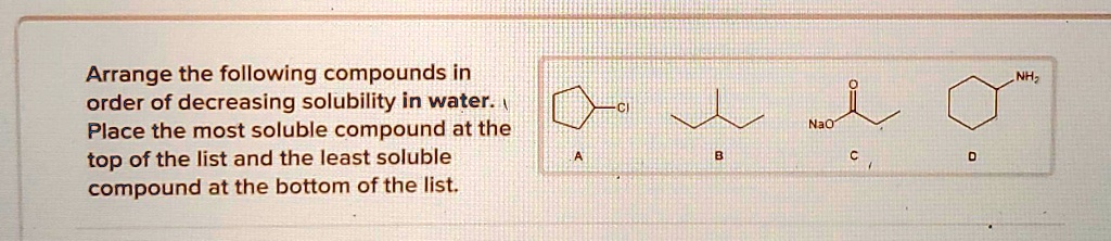 SOLVED: please can you explain Arrange the following compounds in order of decreasing solubility ...
