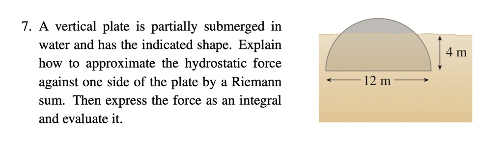 SOLVED: 7 A vertical plate is partially submerged in water and has the indicated shape. Explain ...