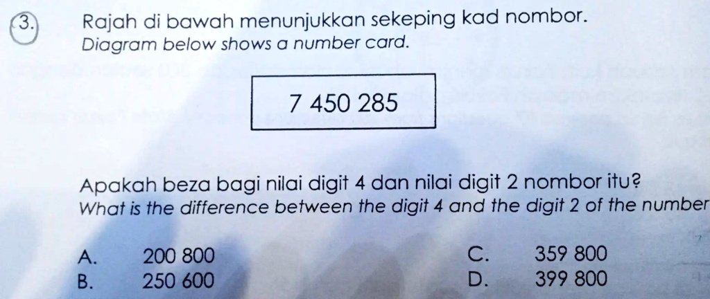 3. Rajah di bawah menunjukkan sekeping kad nombor. Diagram below shows ...