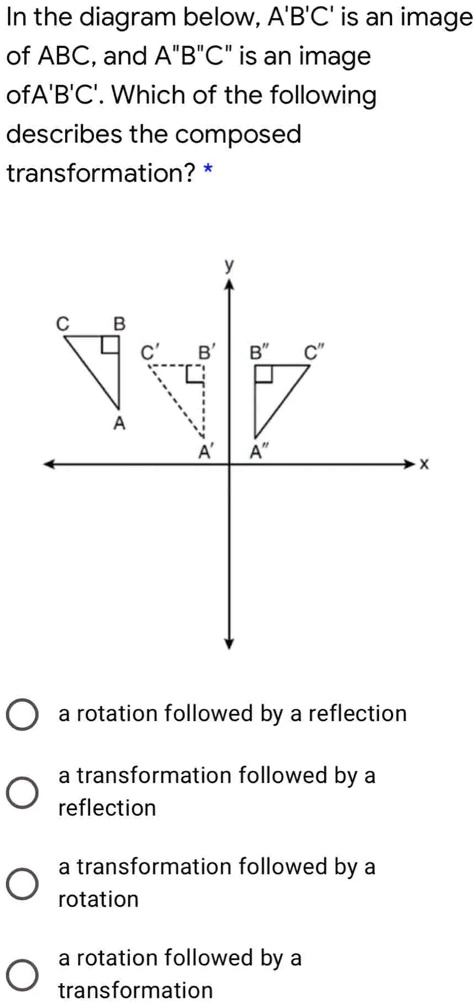 SOLVED: In the diagram below, A'B'C' is an image of ABC, and A"B"C" is an image of A'B'C'. Which ...