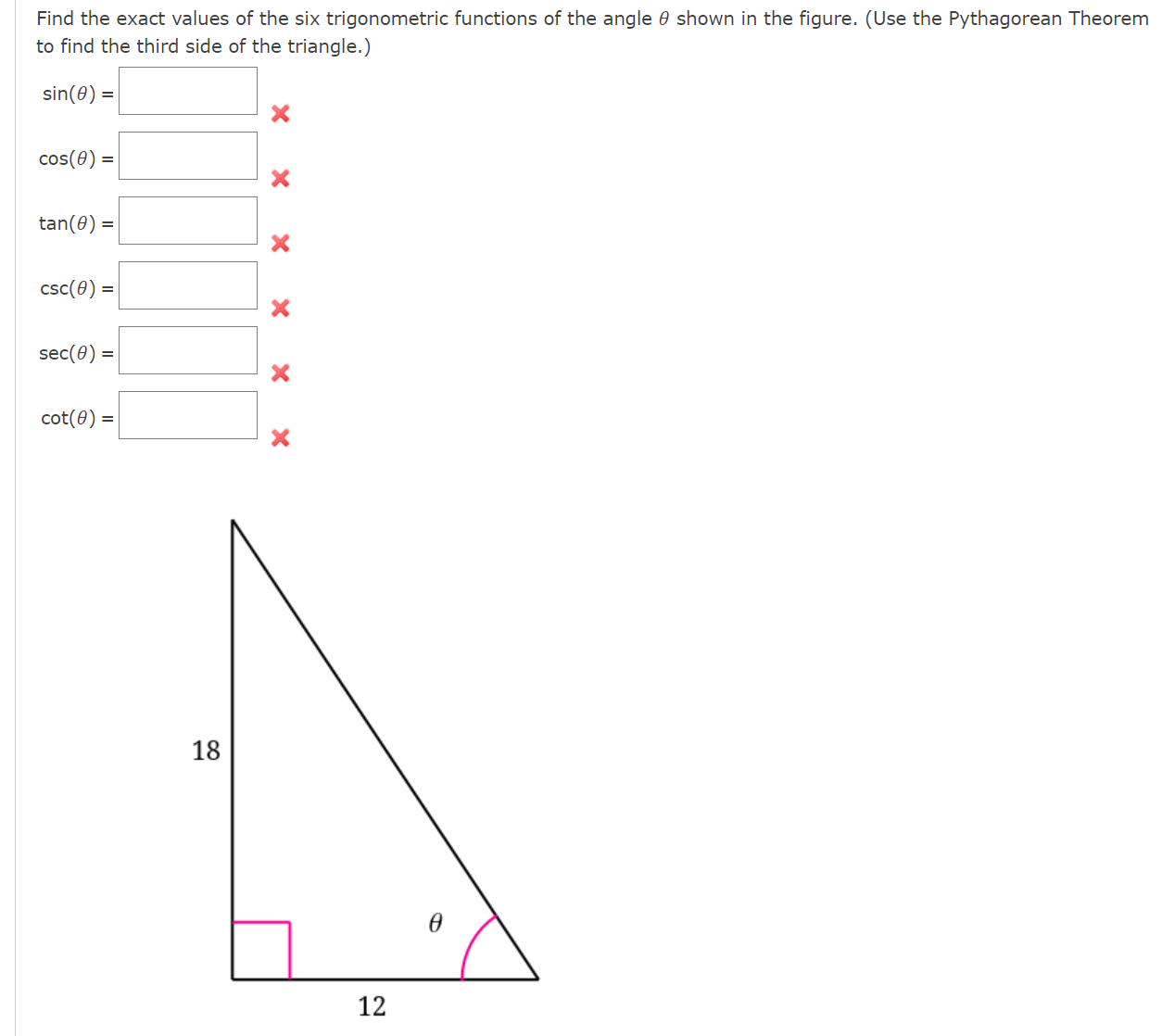 Find the exact values of the six trigonometric functions of the angle θ shown in the figure ...