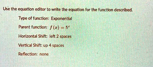 SOLVED: Use the equation editor to write the equation for the function described Type of ...