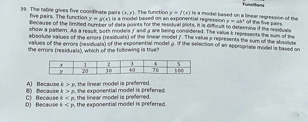 Functions 39. The table gives five coordinate pairs (x, y). The function y = f(x) is a model ...
