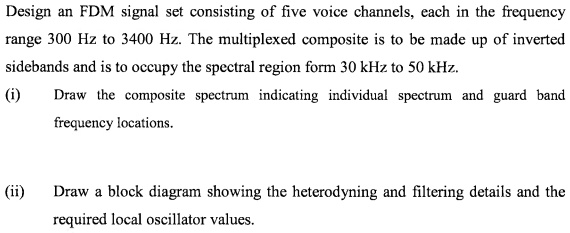 Design an FDM signal set consisting of five voice channels, each in the frequency range 300 Hz ...