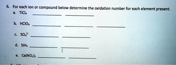 for each ion or compound below determine the oxidation number for each element present ticl ...