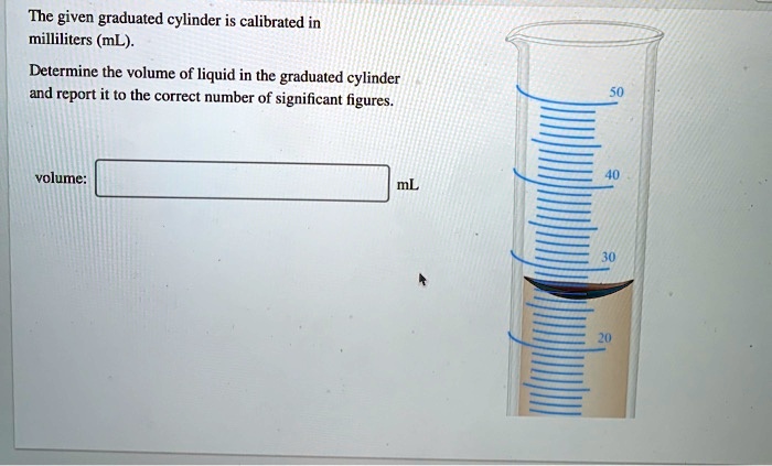 SOLVED: The given graduated cylinder is calibrated in milliliters (mL ...