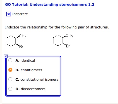 SOLVED: GO Tutorial: Understanding stereoisomers 1.2 Incorrect. Indicate the relationship for ...