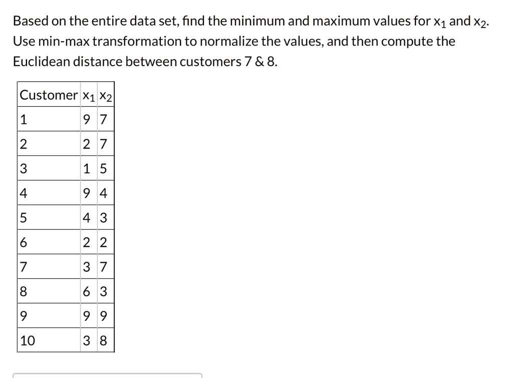 SOLVED: Based on the entire data set; find the minimum and maximum values for X1 andx2: Use min ...