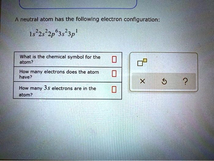 SOLVED: A neutral atom has the following electron configuration: 1s2 2s2 2p6 3s2 3p6. What is ...