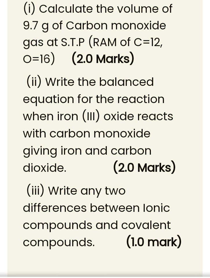 SOLVED: Calculate the volume of 9.7 g of Carbon monoxide gas at S.TP ...