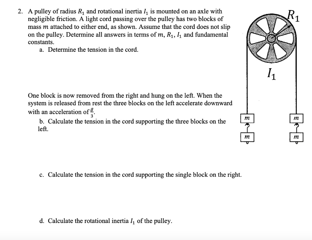 SOLVED: 2. A pulley of radius R, and rotational inertia I, is mounted on an axle with negligible ...