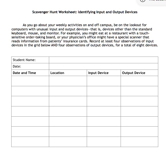 SOLVED: Scavenger Hunt Worksheet: Identifying Input and Output Devices ...