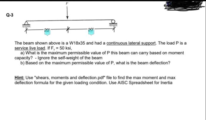 Q-3 P 20 * 20 The beam shown above is a W18x35 and had a continuous ...