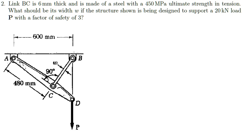 2. Link BC is 6 mm thick and is made of a steel with a 450 MPa ultimate ...