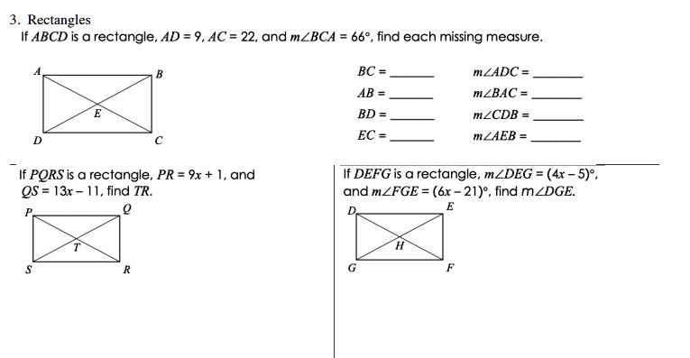 rectangles if abcd is a rectangle ad 9ac 22 and mzbca 669 find each missing measure bc mzadc ab ...