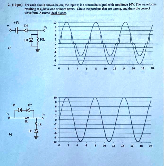 2. (10 pts) For each circuit shown below, the input vi is a sinusoidal signal with amplitude 10V ...