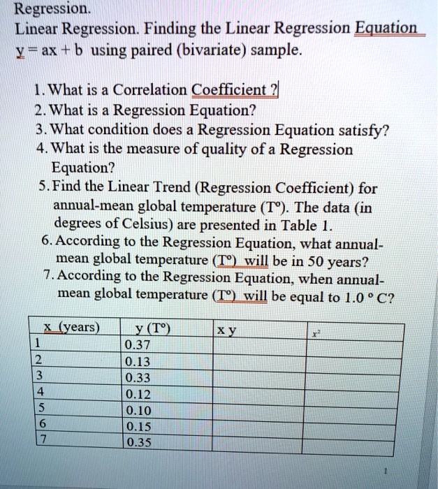 SOLVED: Regression Linear Regression: Finding the Linear Regression ...