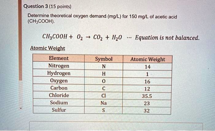 SOLVED: Question 3 (15 points) Determine the theoretical oxygen demand ...