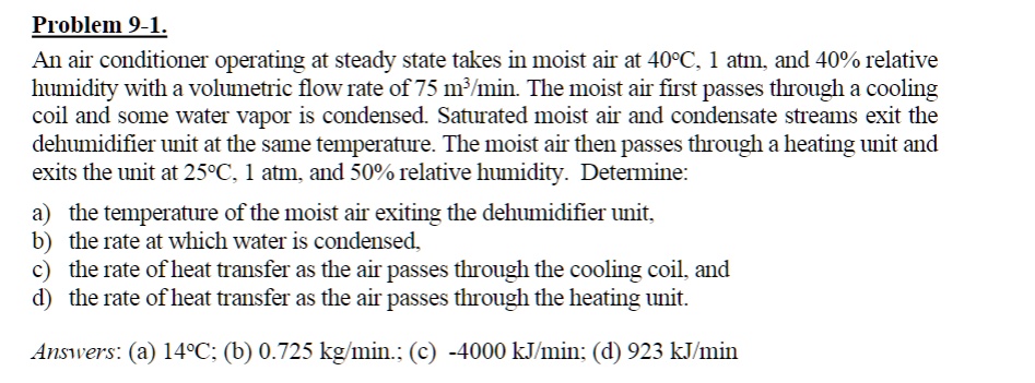 SOLVED: Problem 9-1. An air conditioner operating at steady state takes in moist air at 40C, 1 ...