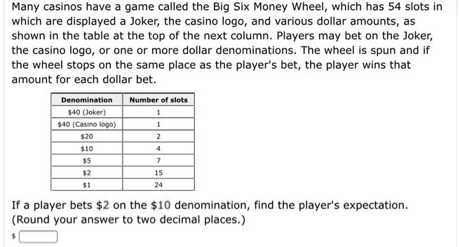 SOLVED: Many casinos have game called the Big Six Money Wheel, which ...