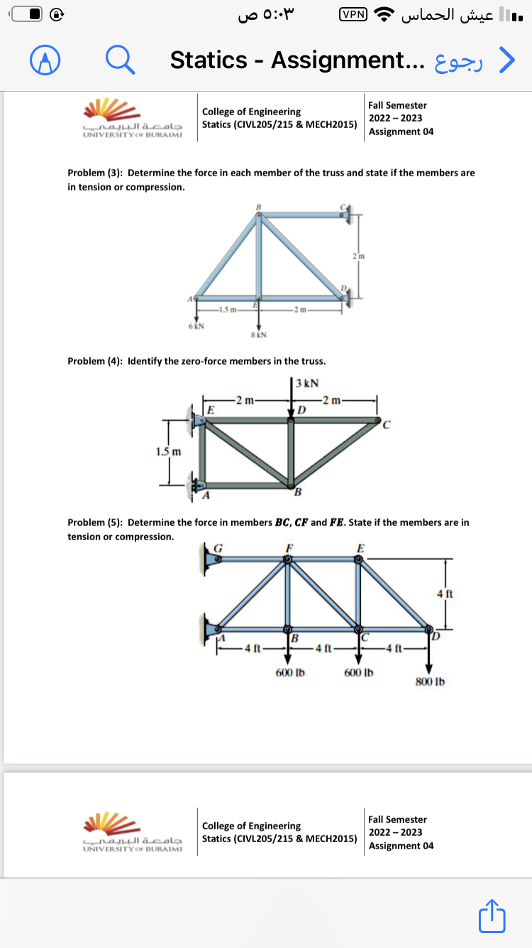 SOLVED: Statics - Assignment... > College of Engineering Statics (CIVL205/215 & MECH2015) Fall ...