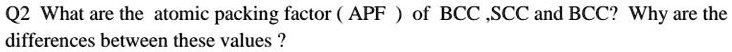 SOLVED: Q2 What are the atomic packing factor APF of BCC SCC and BCC ...