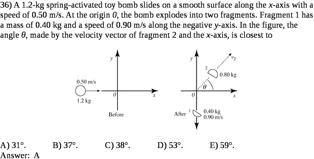 36) A 1.2-kg spring-activated toy bomb slides on a smooth surface along the x-axis with a speed ...
