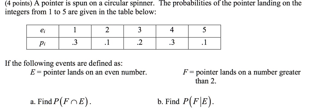 4 points a pointer is spun on a circular spinner the probabilities of the pointer landing on the ...