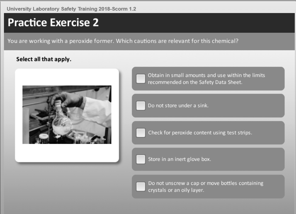 SOLVED: University Laboratory Safety Training 2018-Scorm 1.2 Practice ...
