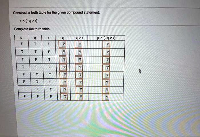 SOLVED:Construct @ truth tabla for the given compound statement: P^ (~qvr) Completa the truth ...