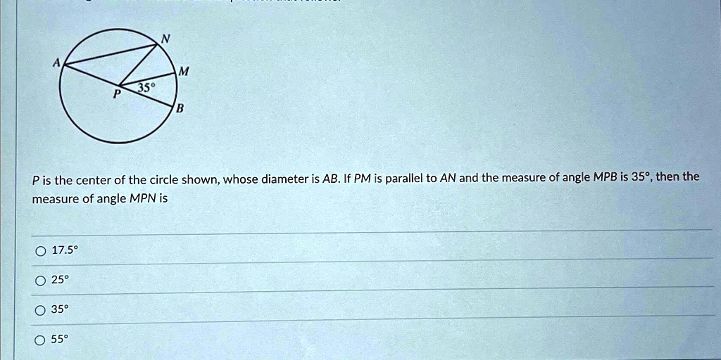 P is the center of the circle shown, whose diameter is AB. If PM is ...