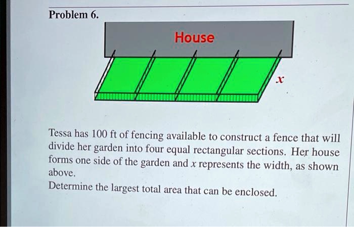 Problem 6. House Tessa has 100 ft of fencing available to construct a ...