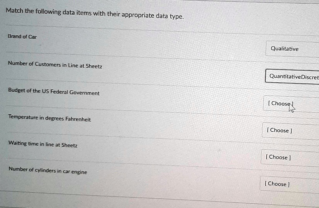 SOLVED: Texts: Match the following data items with their appropriate ... SOLVED: Texts: Match the following data items with their appropriate ...