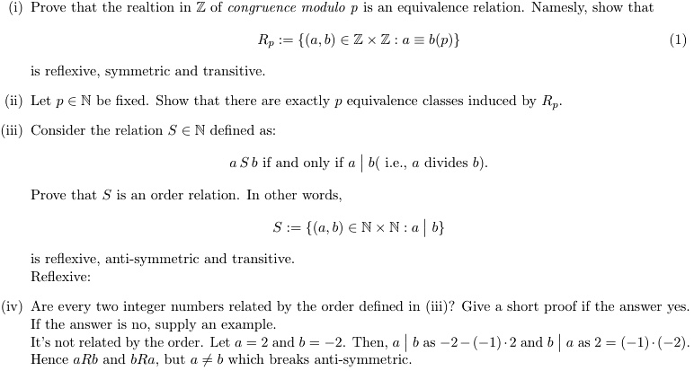 prove that the realtion in z of congruence modulo p is an equivalence relation namesly show that ...
