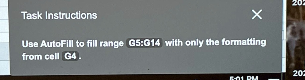 Solved Task Instructions Use Autofill To Fill Range G5c14 With Only The Formatting From Cell