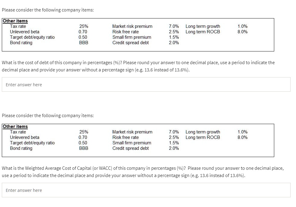 Please consider the following company items: Other items Tax rate 25% Market risk premium 7.0% ...