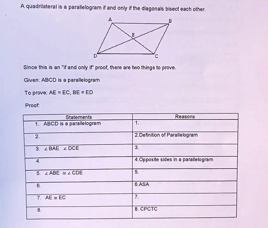 SOLVED: A quadrilateral is a parallelogram if and only if the diagonals bisect each other. Since ...
