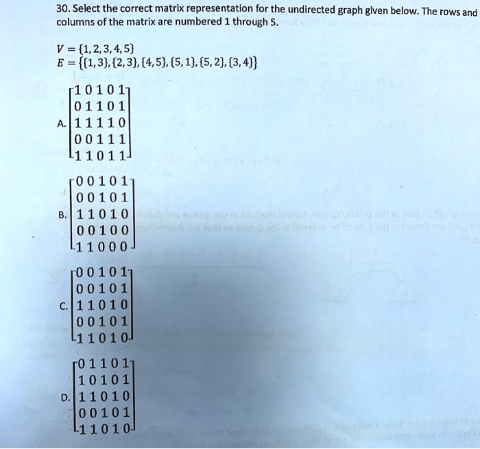 30. Select the correct matrix representation for the undirected graph given below. The rows and ...
