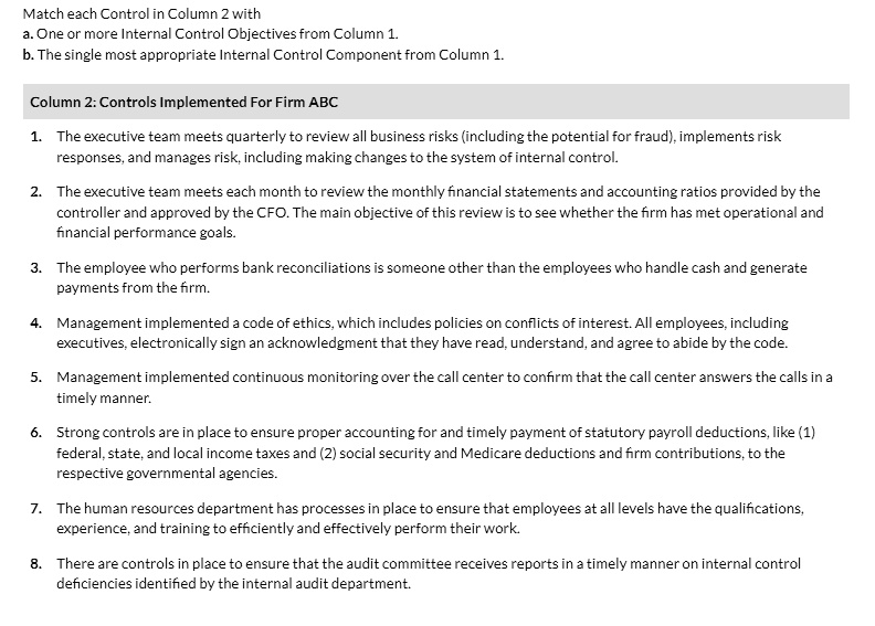 Match each Control in Column 2 with a. One or more Internal Control ...